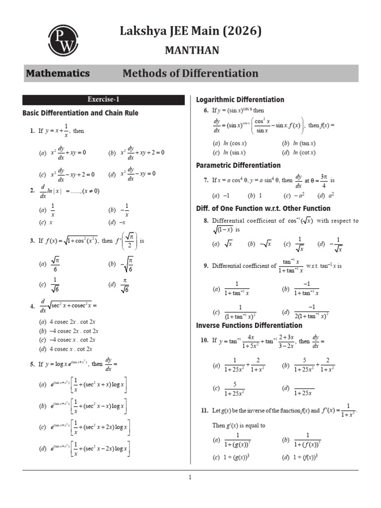 Methods Of Differentiation Jee Main Practice Sheet Pdf Pdf