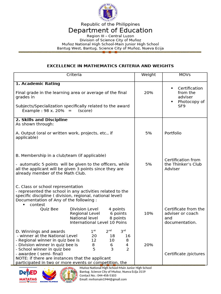 Criteria Excellence in Mathematics | PDF