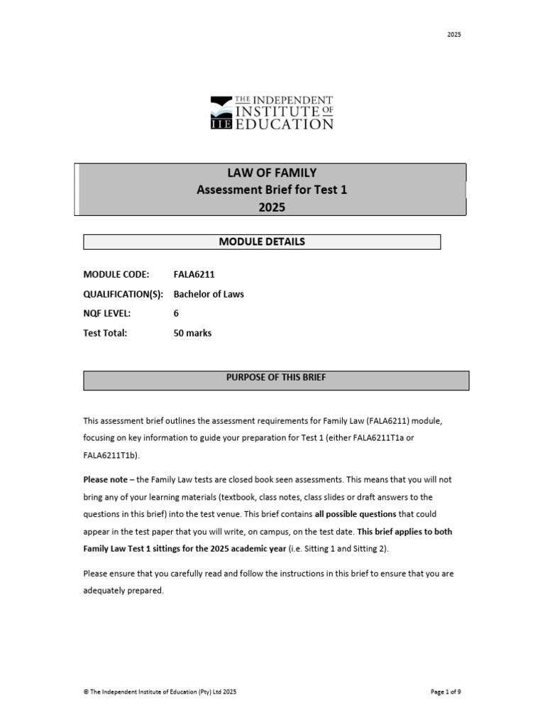 Family Law Test 1 Assessment Brief 2025 | PDF | Theory | Adoption