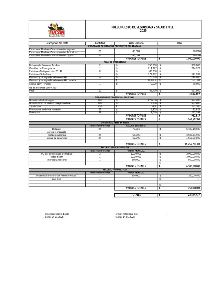 Presupuesto SGSST 2025 | PDF | La seguridad | Equipo