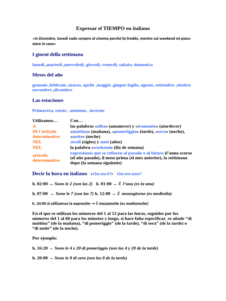 Expresiones del tiempo en italiano | PDF | Ventiscas | Nieve