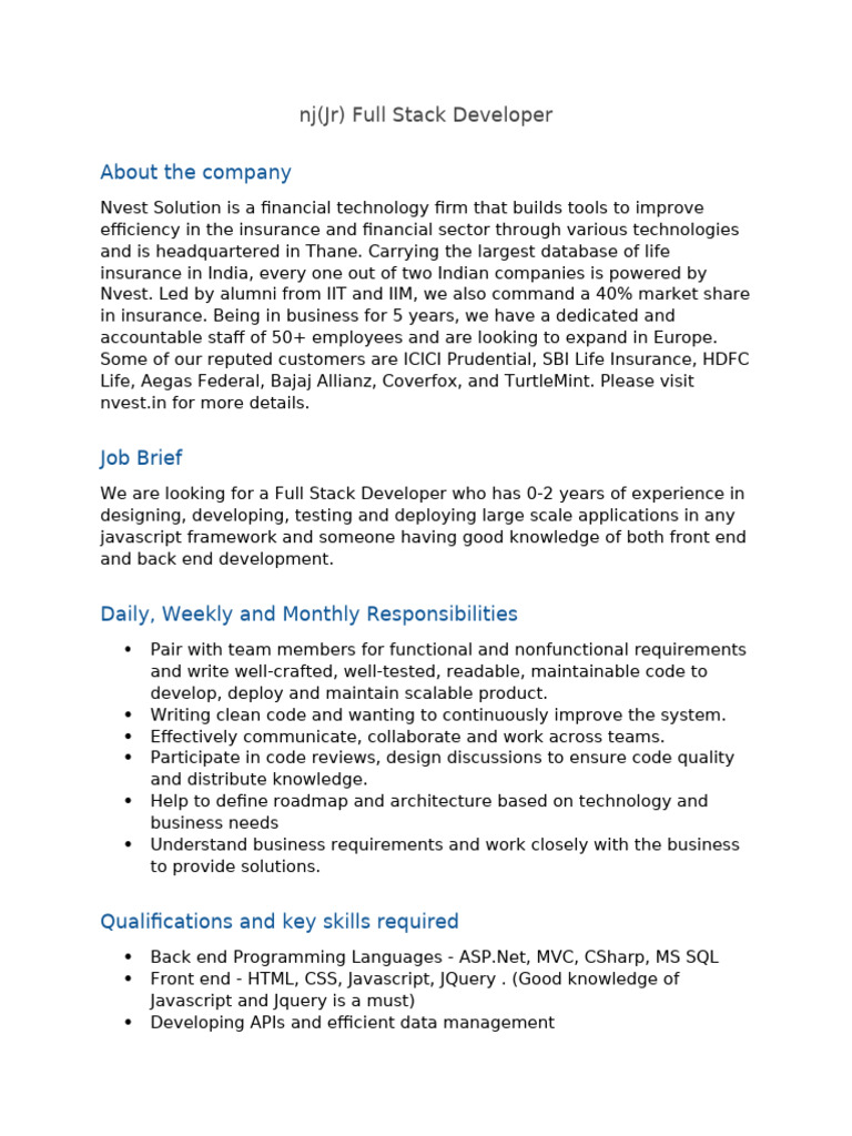 Nvest Solution Full Stack Developer Role | PDF