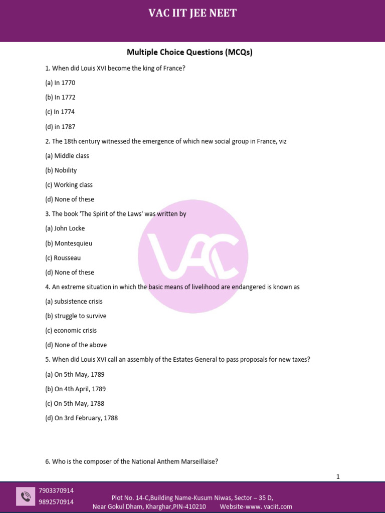 CLASS 9TH - History-MCQ-The French Revolution | PDF