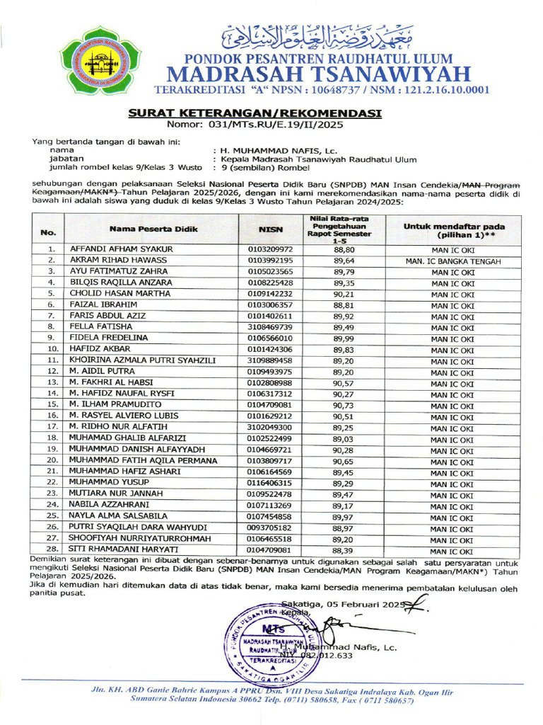 (400 KB) Surat Rekomendasi MTs Raudhatul Ulum TA 2025-Min | PDF