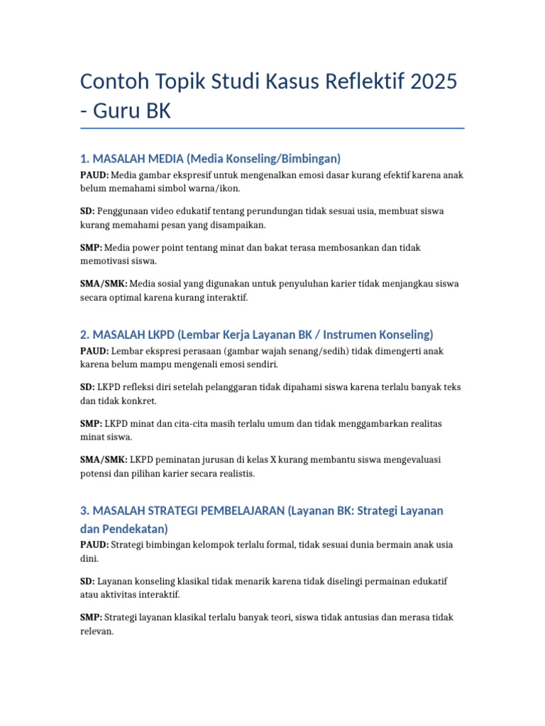 Contoh Topik Studi Kasus Reflektif Guru BK 2025 | PDF