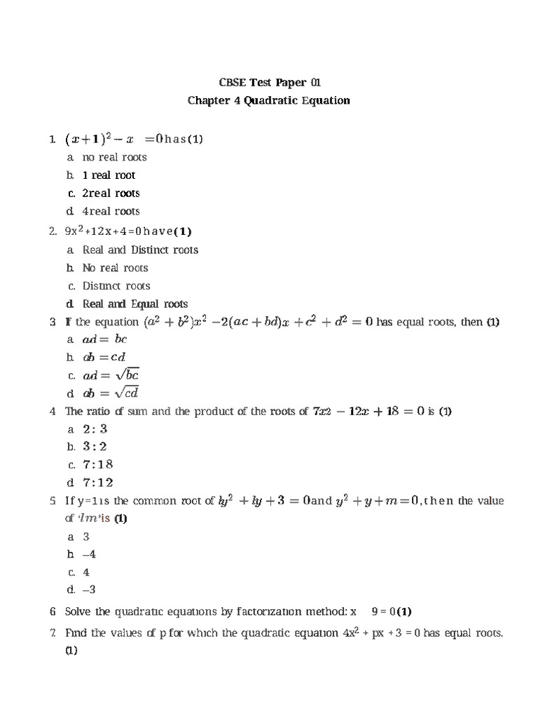 10 Maths Test Paper Ch4 1-Copy-part 1 | PDF | Quadratic Equation | Speed