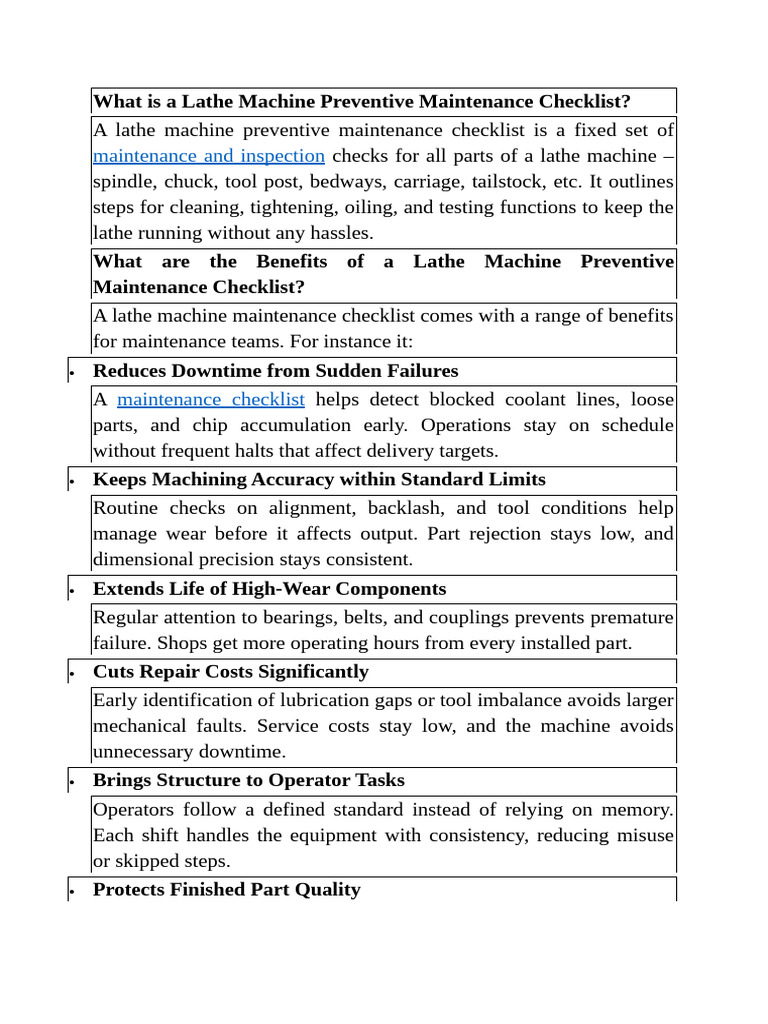Lathe Machine Maintenance Checklist Guide | PDF | Pump | Leak