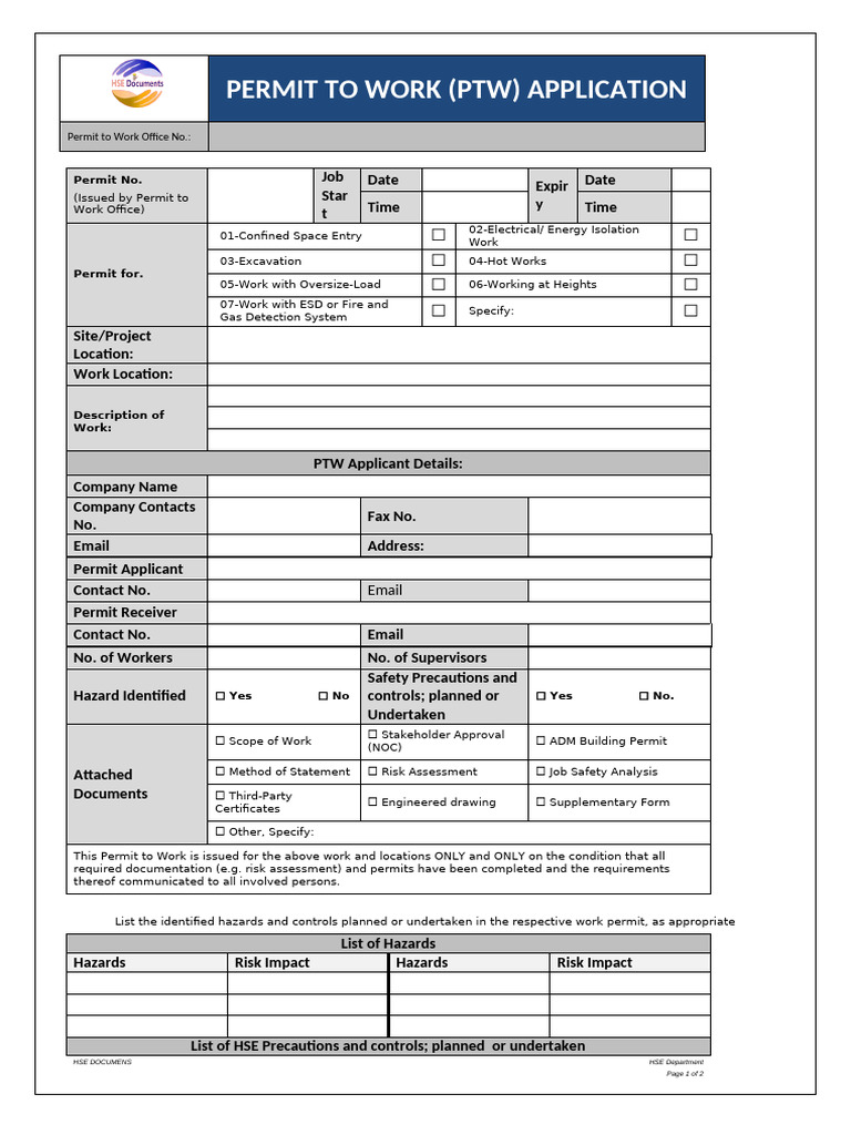 Permit To Work (PTW) Application Form | PDF | Risk Assessment | Working Conditions
