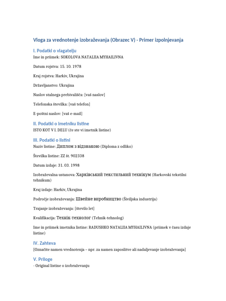 Vloga Za Vrednotenje Izobrazevanja Primer | PDF