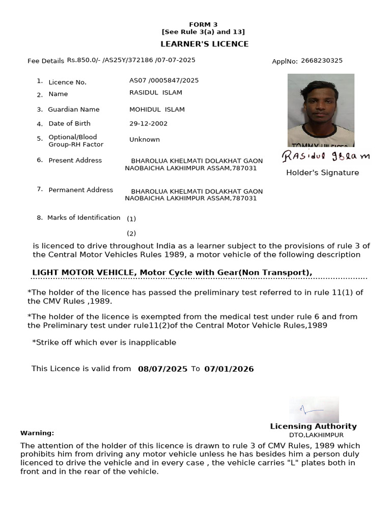 Learner'S Licence: Form 3 (See Rule 3 (A) and 13) | PDF