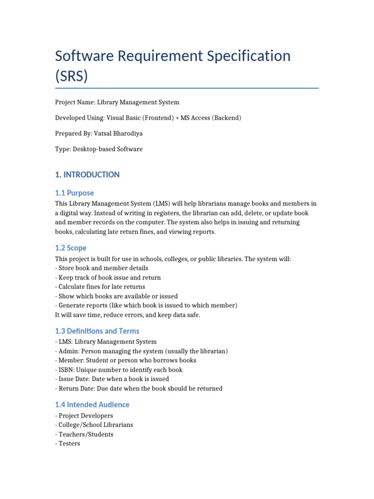 Library Management System SRS | PDF | Graphical User Interfaces | Microsoft Access