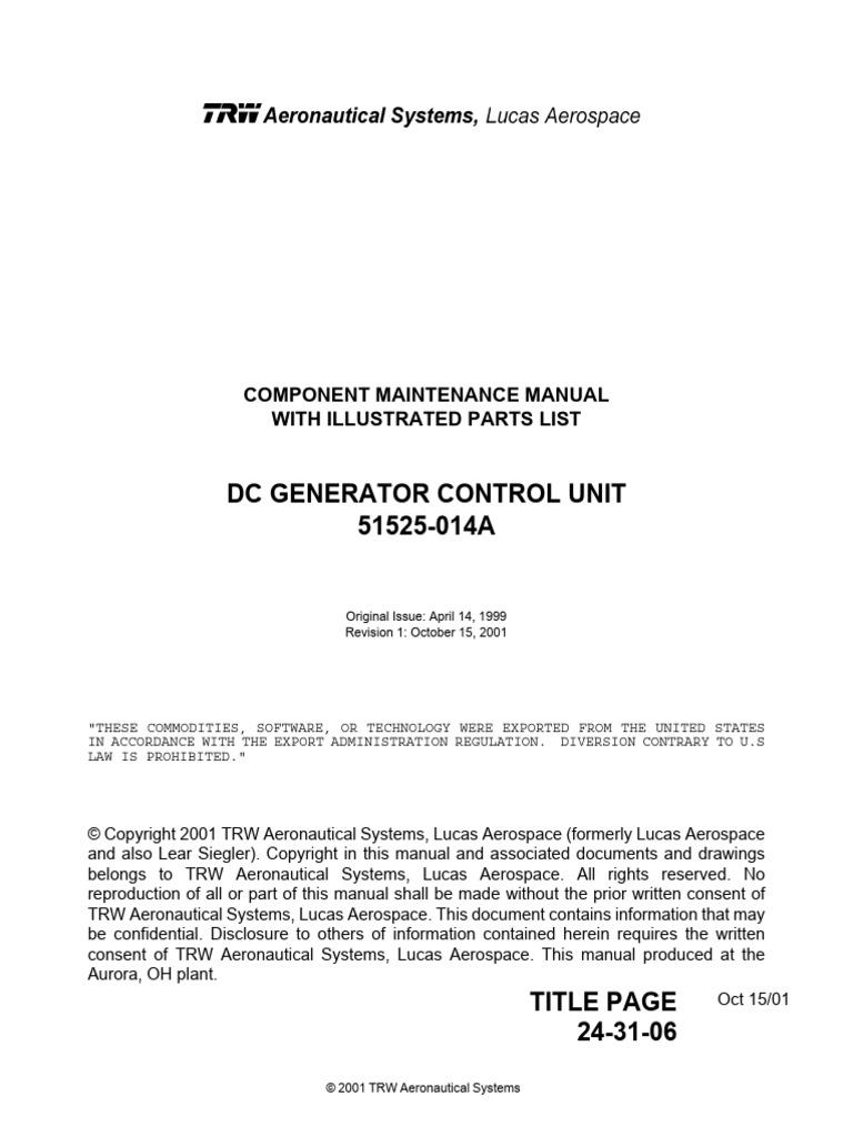 DC Generator Control Unit 51525-014A: Component Maintenance Manual With ...