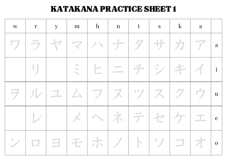 YlNxjJ0cRVGtnjRsSQg6 - Basic 50 Katakana Practice Sheet | PDF