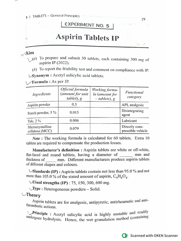Aspirin Tablet | PDF