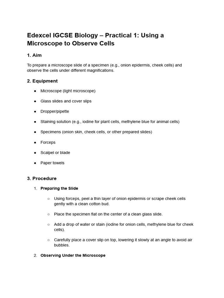 Edexcel IGCSE Biology - Practical 1 - Using A Microscope To Observe ...