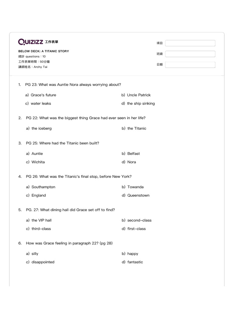 Below Deck: Titanic Story Quiz | PDF | Chess Openings | Chess