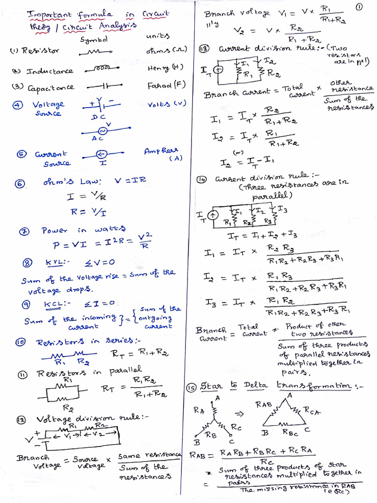 Circuit Analysis Important Formulas | PDF