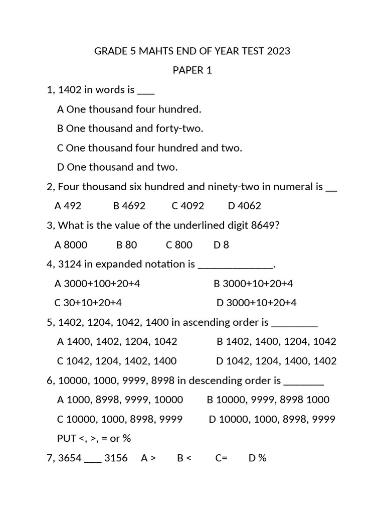 Grade 5 Maths End-Year Test 2023 | PDF