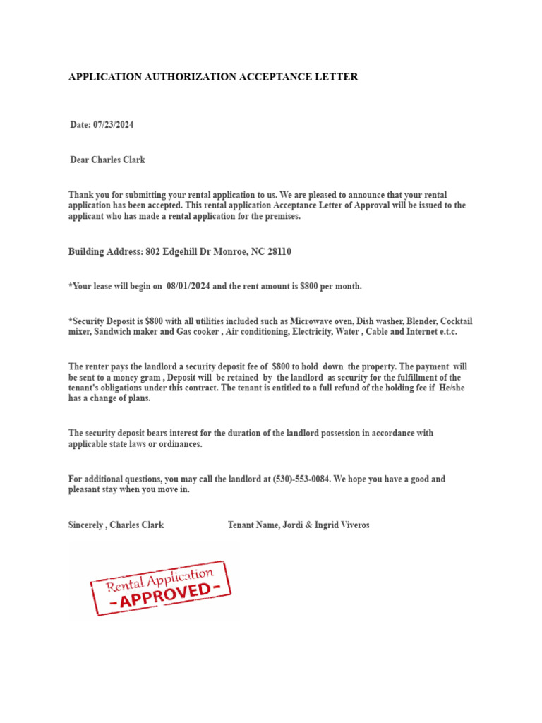 Rental Application Acceptance Letter | PDF