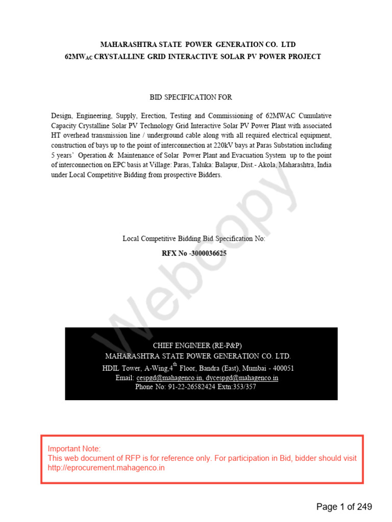 62MW Paras Solar Proj Tender Document Final 13.04.23 | PDF | Photovoltaics | Photovoltaic System