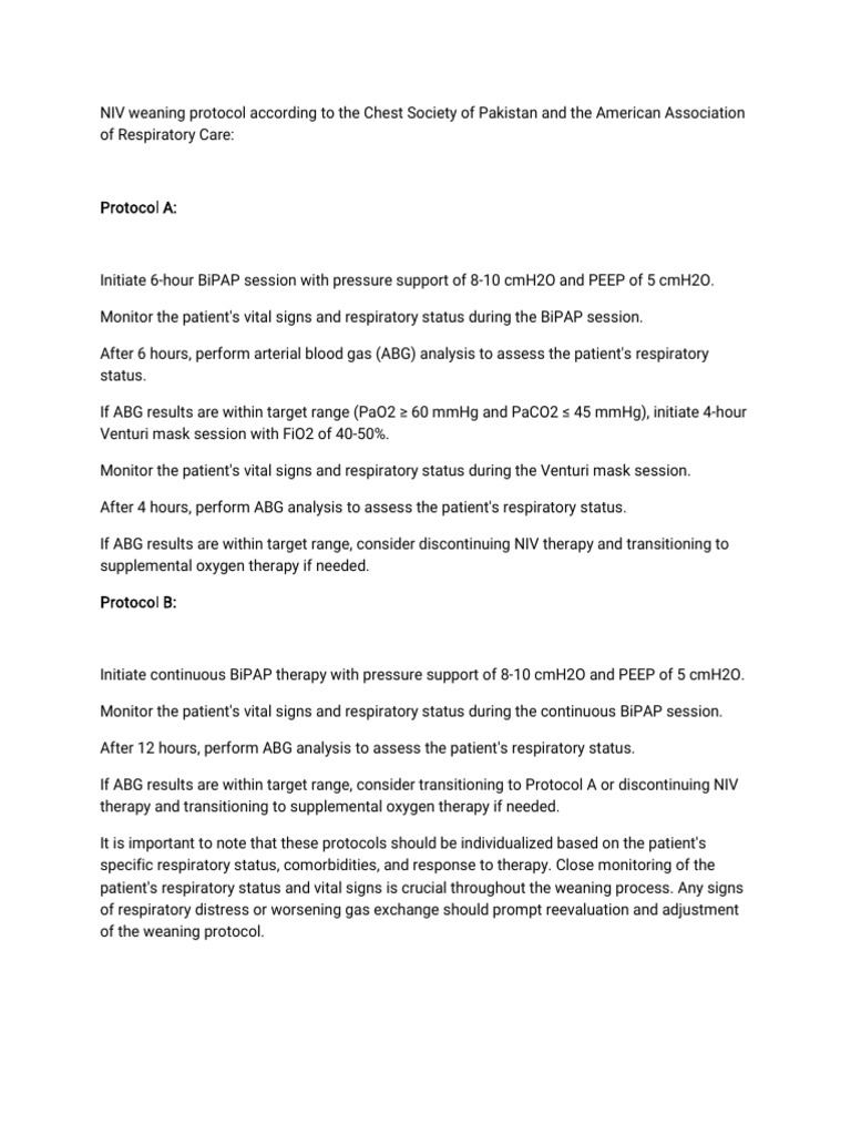 NIV Weaning Protocol's For Research | PDF