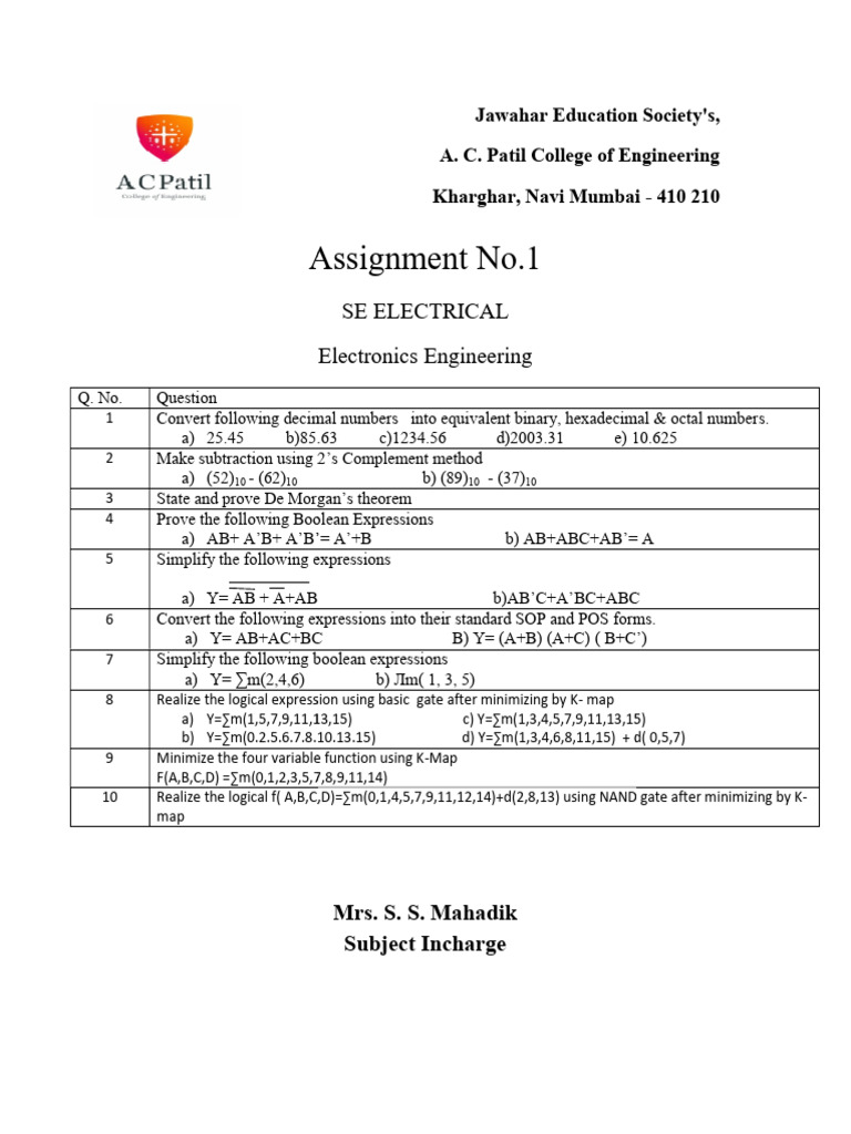 Assignment No.1 EE | PDF | Boolean Algebra | Teaching Mathematics