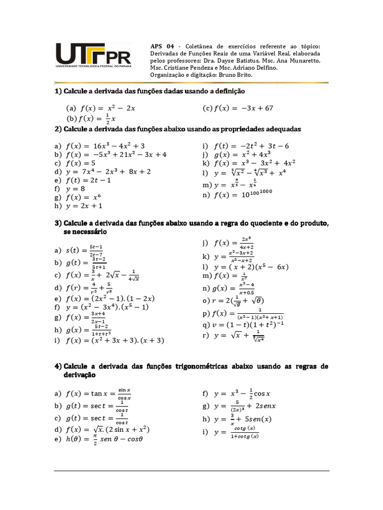 Exercícios Derivadas 03 | PDF | Derivado | Análise