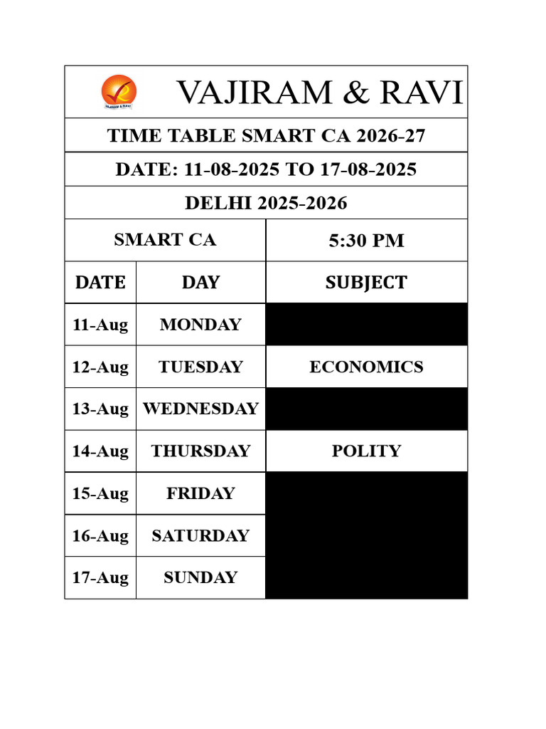 Smart CA Time Table 2026-27 | PDF