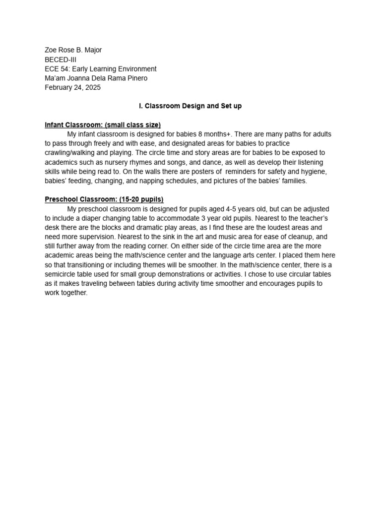 ECE54 Classroom Design Activity Major, Zoe-1 Organized | PDF ...
