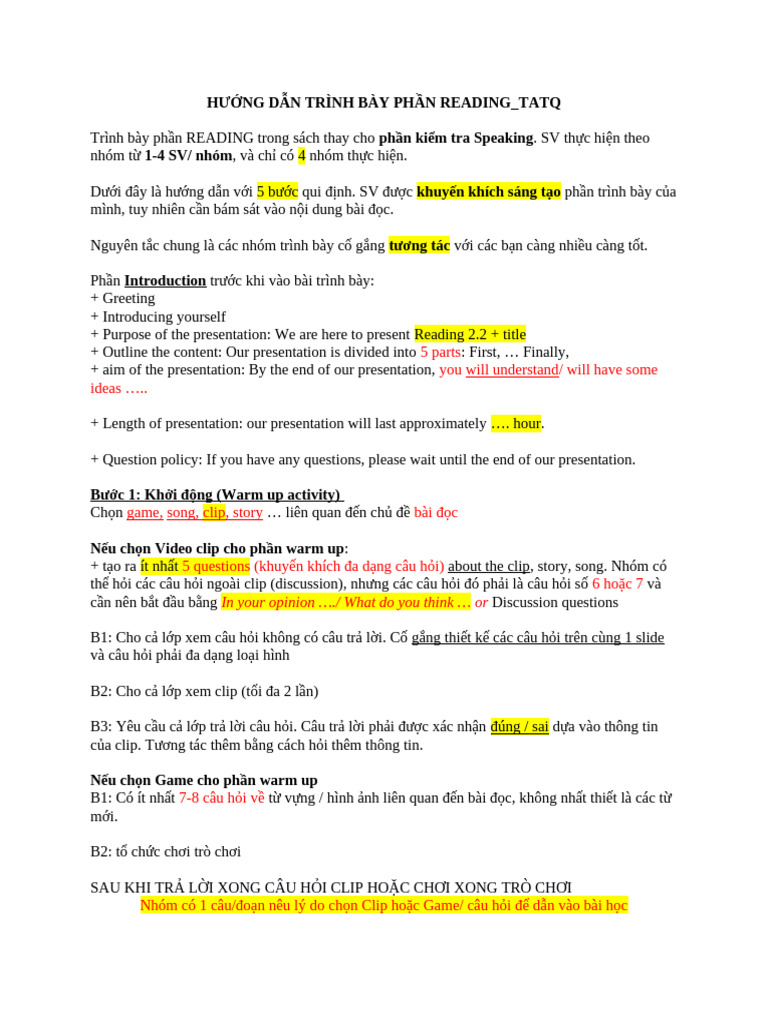 Huong Dan Trinh Bay Bai Reading | PDF