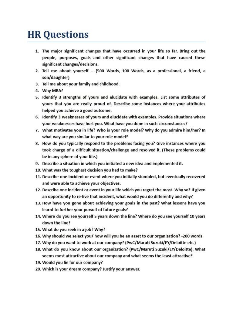 Essential HR Interview Questions Guide | PDF | Psychology | Behavioural ...