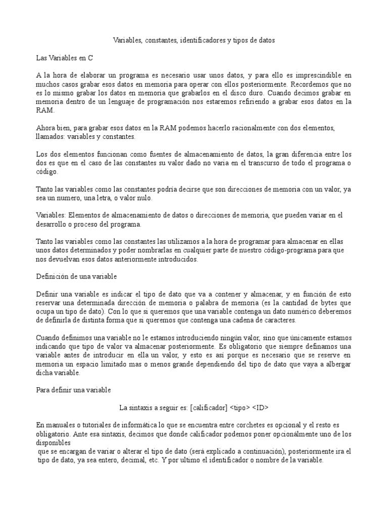 Variables Y Constantes Pdf Tipo De Datos Variable Informática