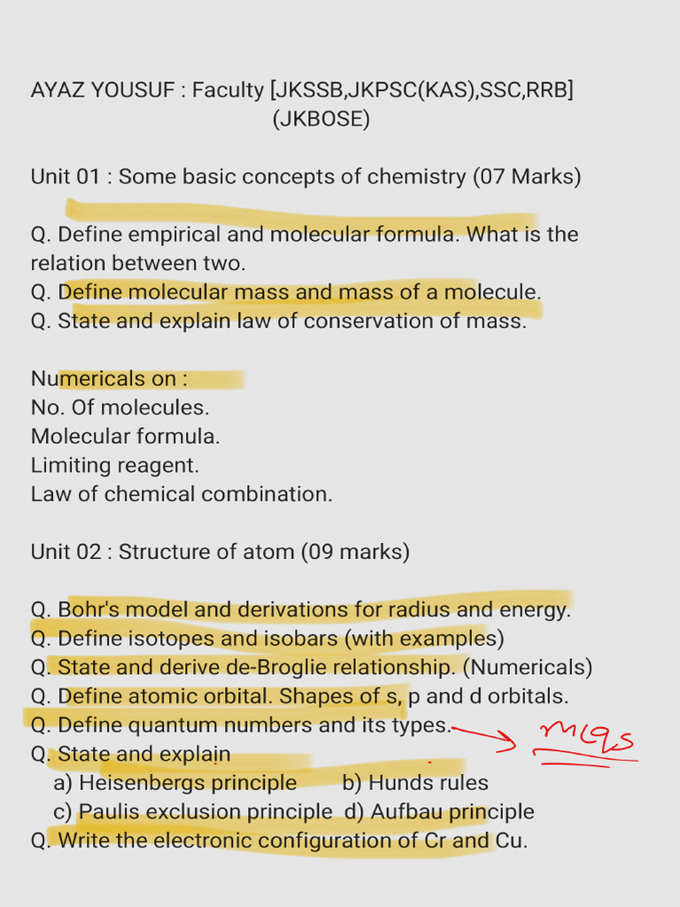 Class11th Chemistry Important Questions Ayaz Yousuf | PDF