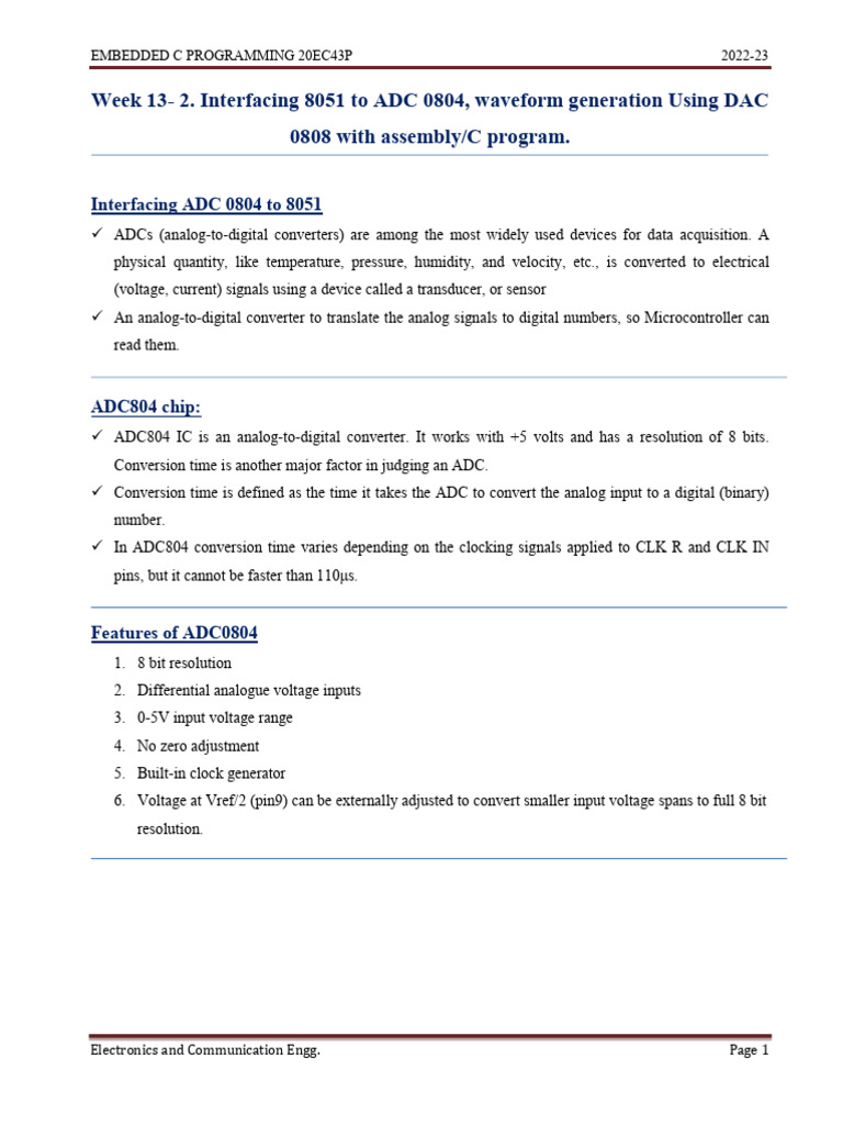 Week 13-2. Interfacing 8051 To ADC 0804, Waveform Generation Using DAC 0808 With Assembly/c ...