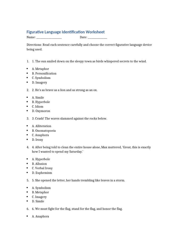 Figurative Language Worksheet | PDF | Metaphor