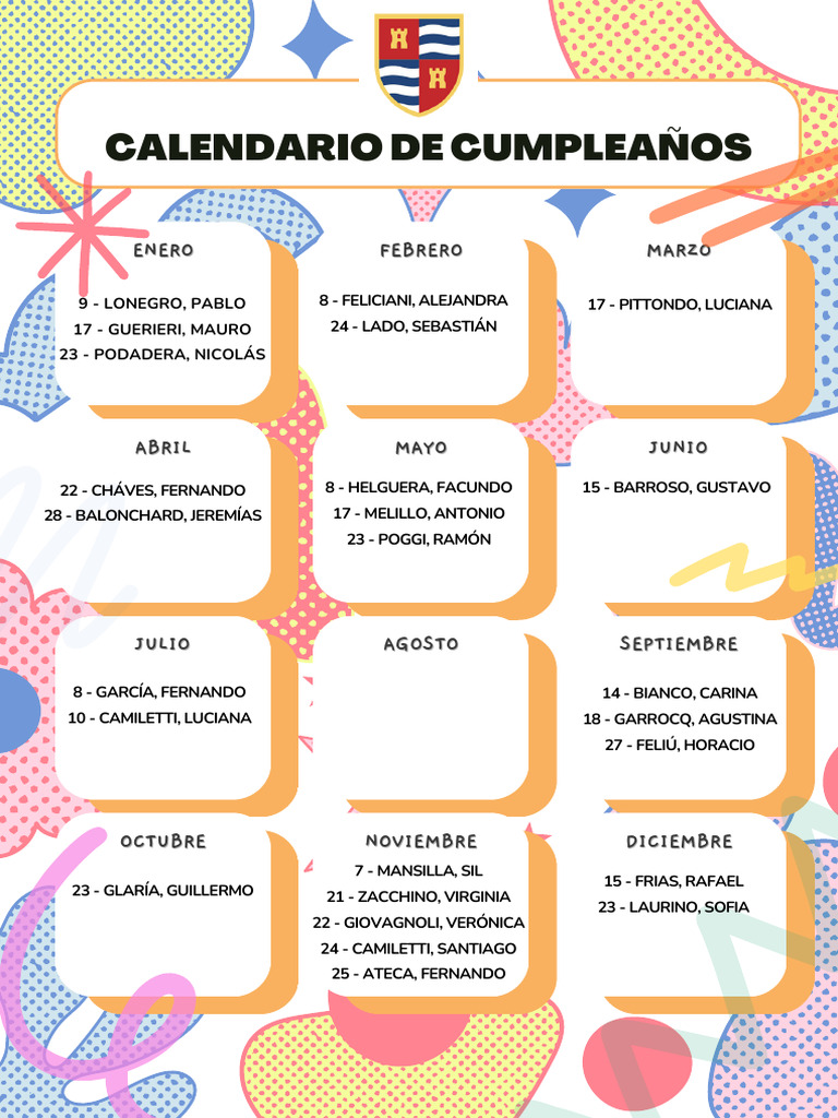 Documento A4 Calendario de Cumpleaños Ilustrado Multicolor | PDF