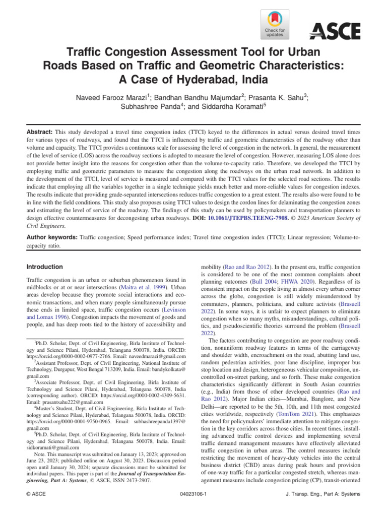 Marazi Et Al 2023 Traffic Congestion Assessment Tool For Urban Roads ...