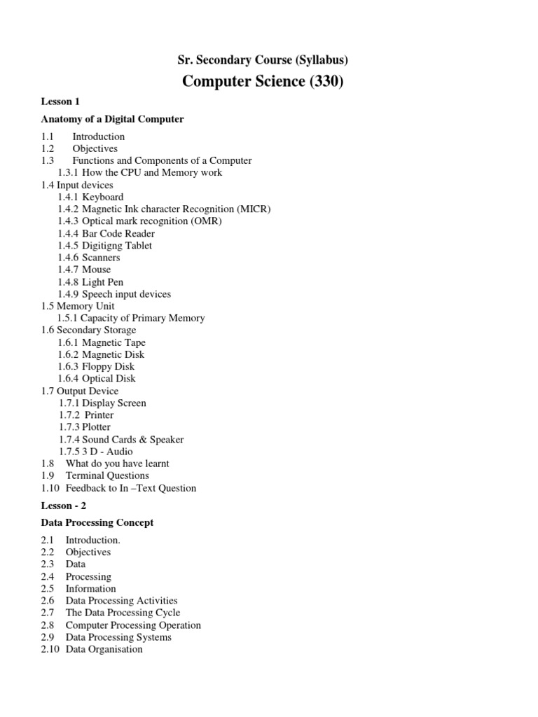 Computer Science (330) : Sr. Secondary Course (Syllabus) | PDF ...
