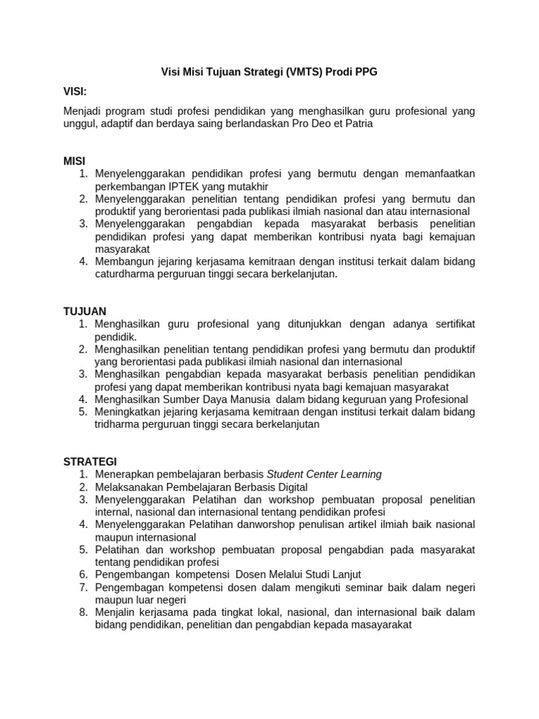 Visi Misi Tujuan Strategi Program Studi PPG | PDF