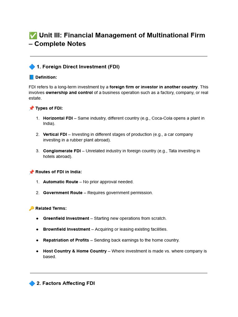 Unit III - Financial Management of Multinational Firm - Complete Notes ...