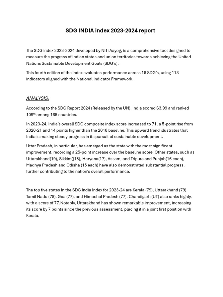 SDG India Index 2023-24 Report Analysis | PDF | Economies | Sustainability
