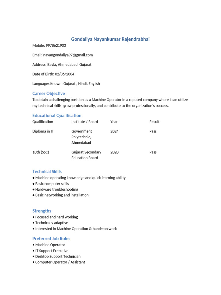 Nayan Gondaliya Resume MachineOperator | PDF