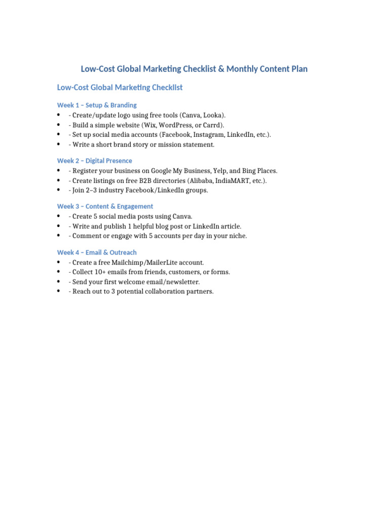Low Cost Global Marketing Checklist-1 | PDF