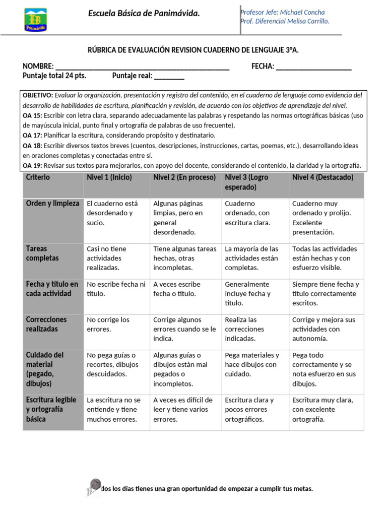 Rubrica Eval - Cuade Lenguaje 3°a | PDF | Ortografía | Comunicación humana