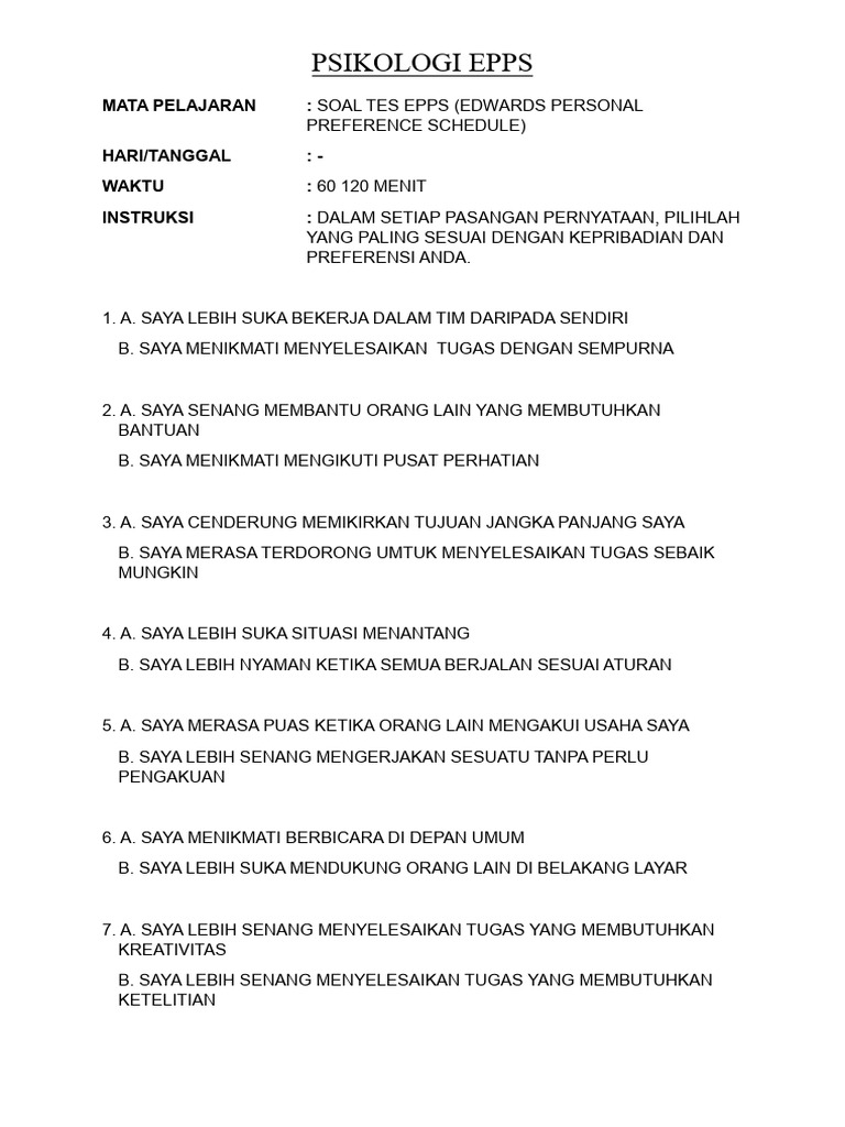 Soal Tes EPPS untuk Penilaian Kepribadian | PDF