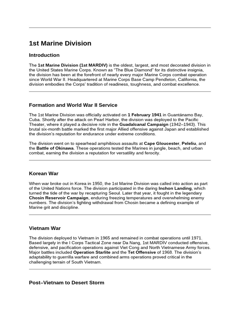 History of the 1st Marine Division | PDF | United States Marine Corps ...