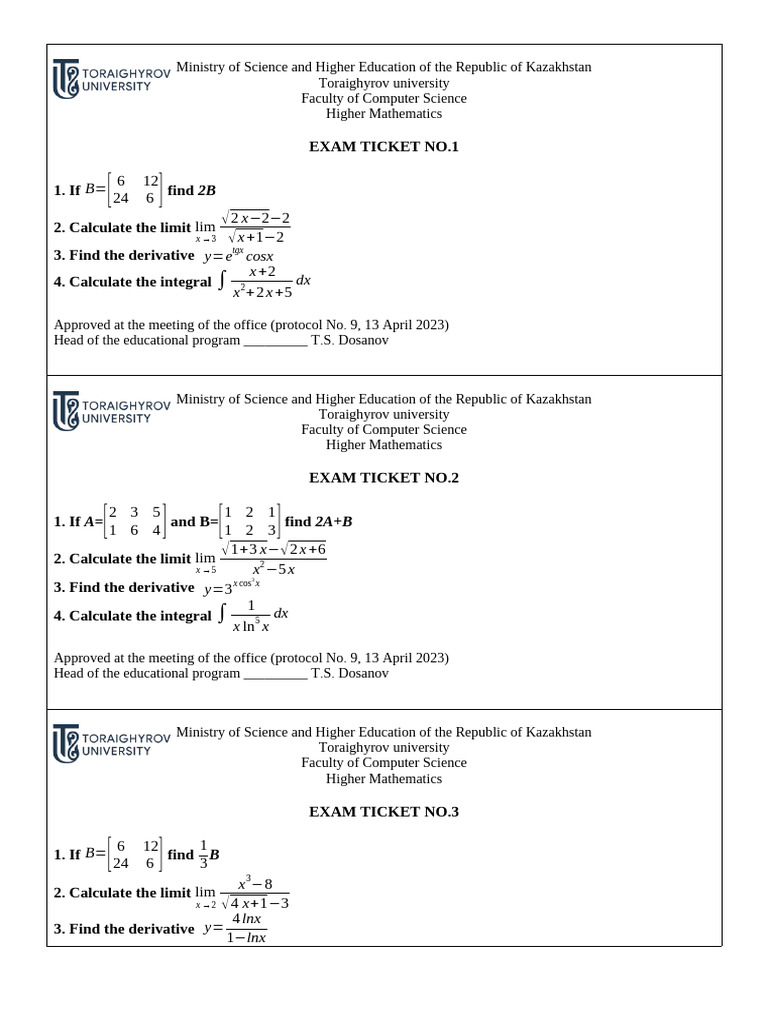 Higher Mathematics Exam Tickets Overview | PDF | Science | Mathematics