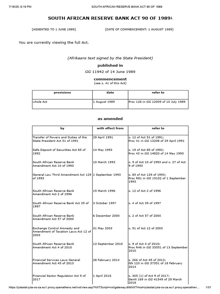 South African Reserve Bank Act 1989 | PDF | Banks | Loans