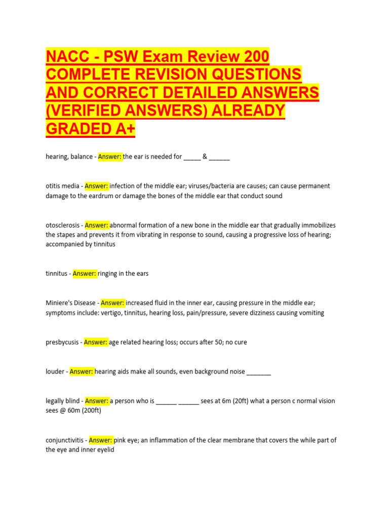 Nacc - PSW Exam Review 200 Complete Revision Questions and Correct Detailed Answers (Verified ...