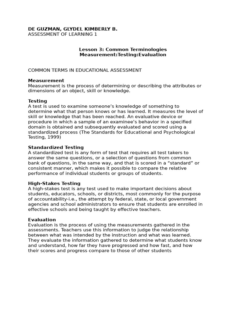 Lesson 3: Common Terminologies Measurement:testing:evaluation | PDF ...